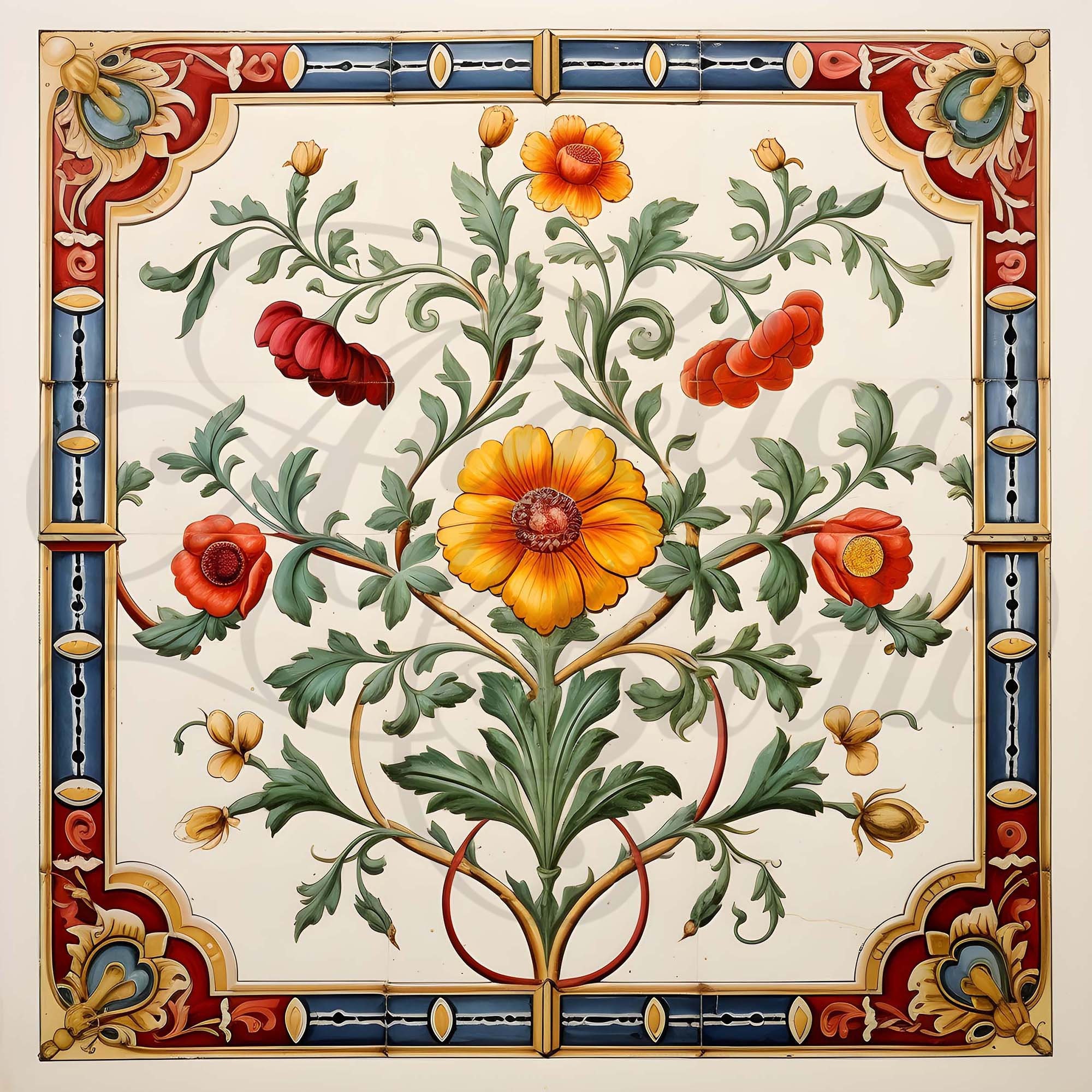 Floral Antique Classic Tile Printable Digital Download File 8x8 Inch ...