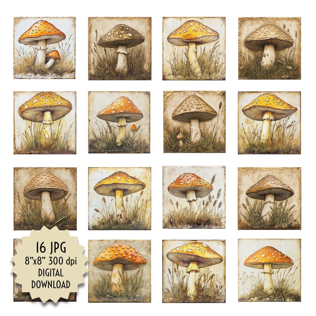 16 Rustic Mushroom Tiles, in Relief, Earth Tones, Cream. for Farmhouse ...