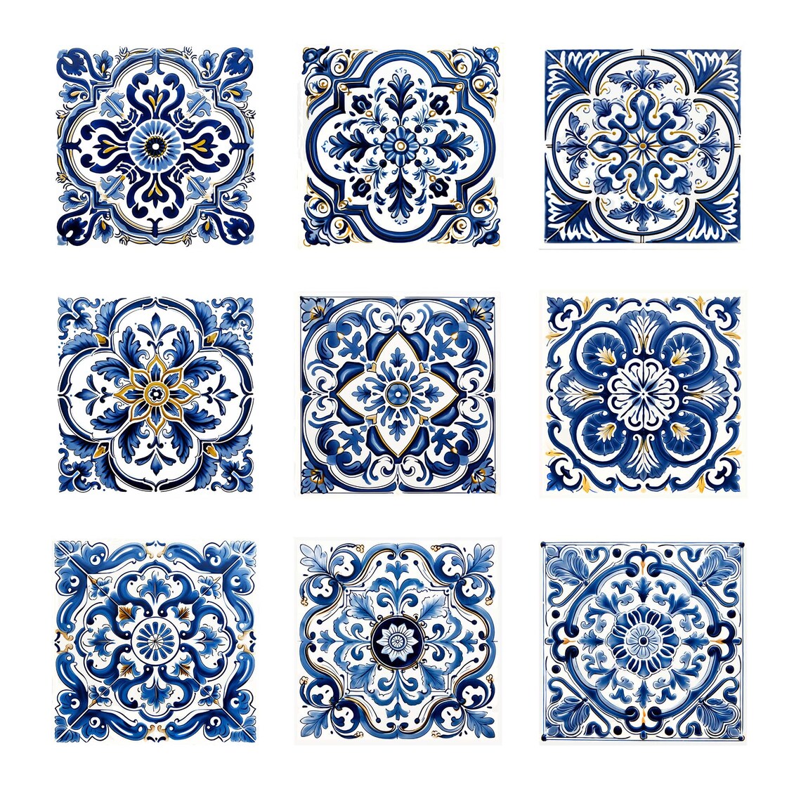 Cobalt Blue White Square 8x8 Tile Geometric Floral Mosaic Antique Mid ...