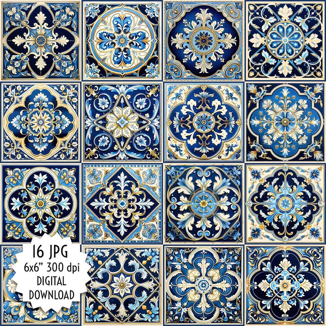 Blue Tile Mosaic, Floral Vintage Ceramic Mural Clipart, Square Sticker ...