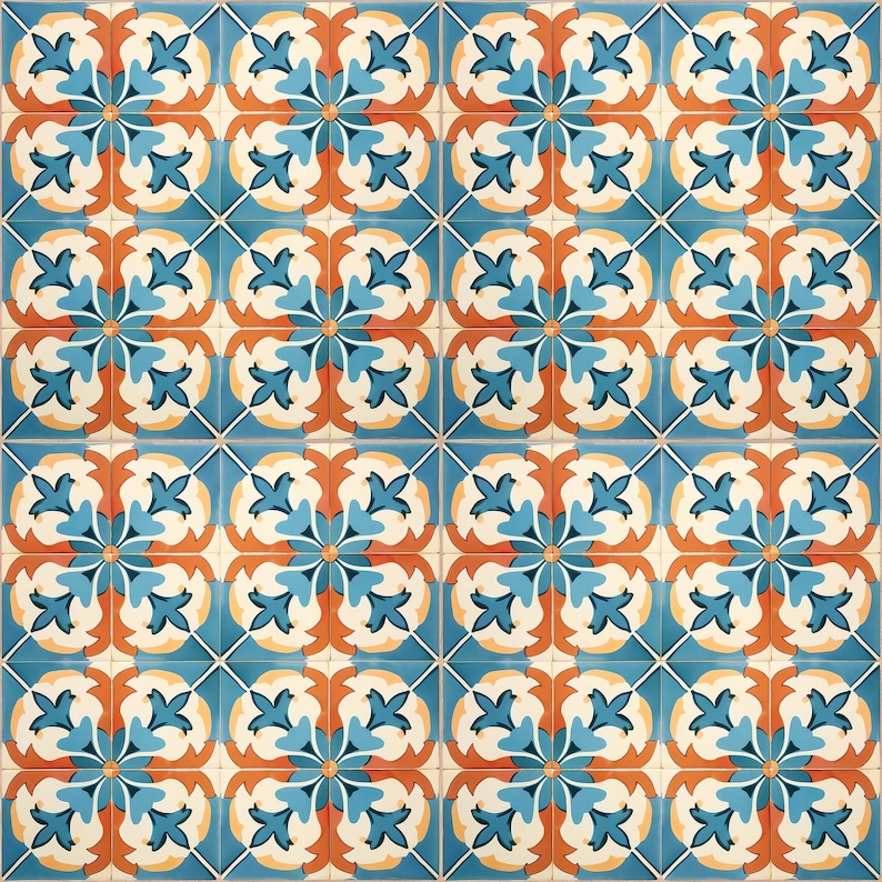 Traditional Mediterranean Glazed Ceramic Tile, Symmetrical Pattern ...