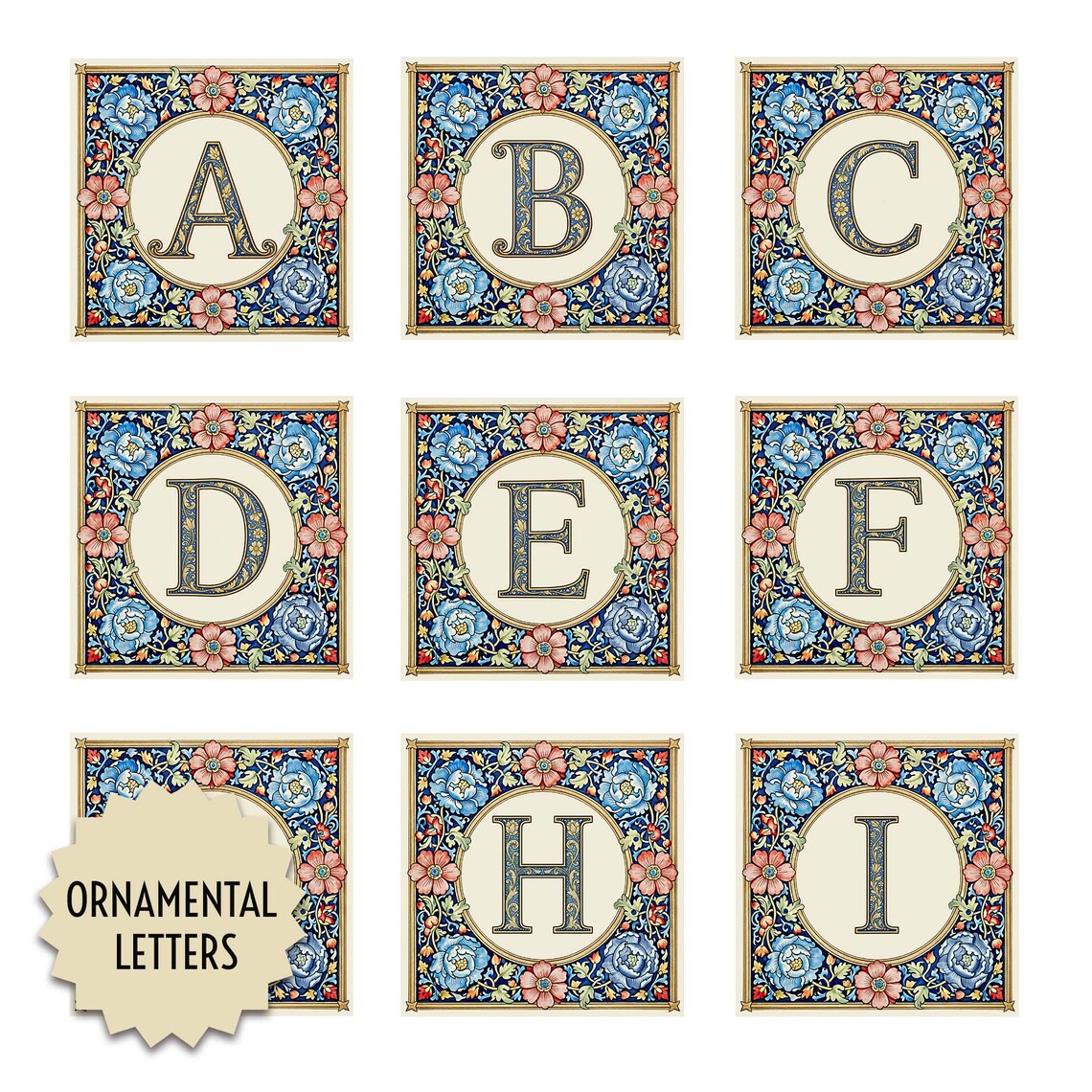 Illuminated Letter A-Z With Floral Border, Vintage Romantic Style ...