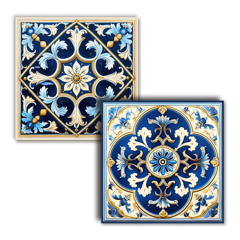 Blue Tile Mosaic, Floral Vintage Ceramic Mural Clipart, Square Sticker ...