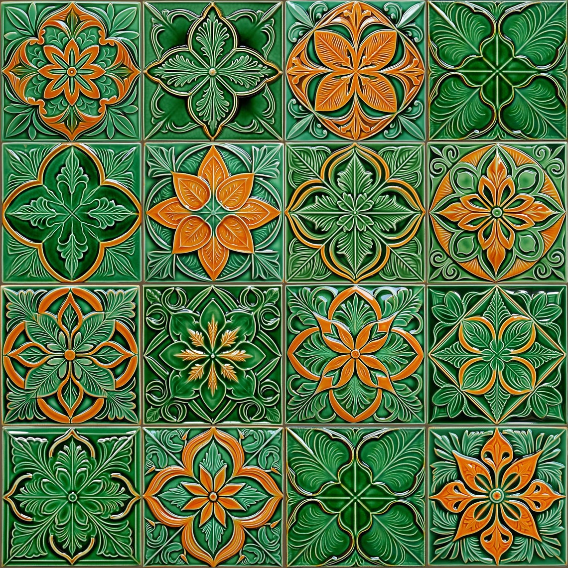 3d Relief Tiles Emerald Green Orange Ceramic Realistic PNG 8 X 8 ...