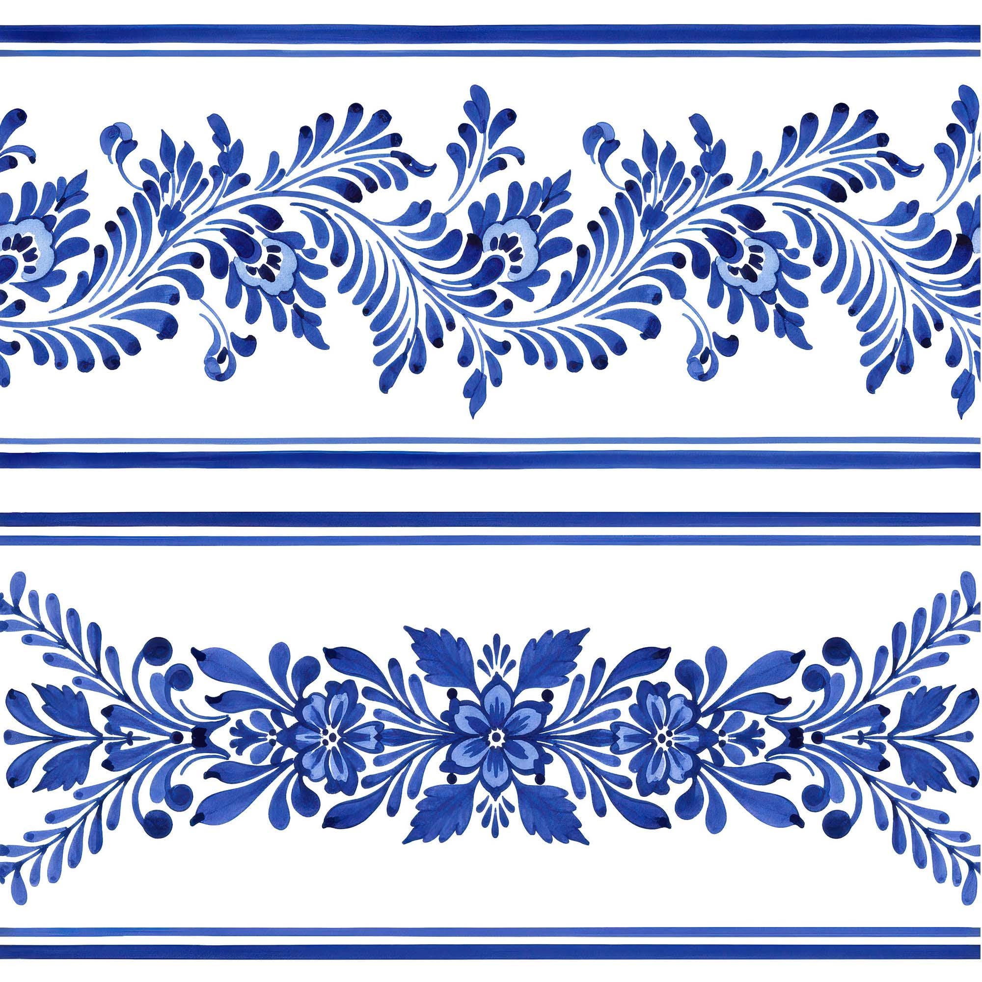 8 Seamless Cobalt Blue Floral Borders JPG Set, Horizontal Symmetrical ...