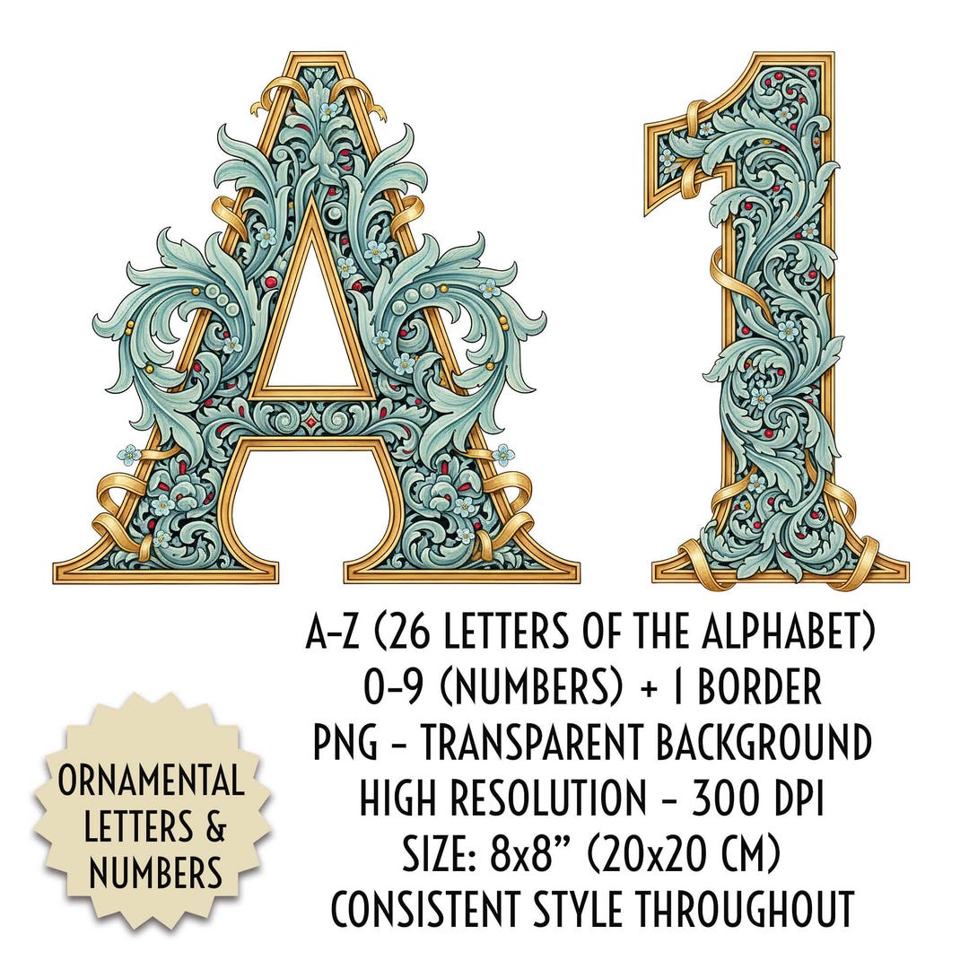 Ornate Alphabet, Numbers and Frame, Medieval Style, Floral Decorative ...