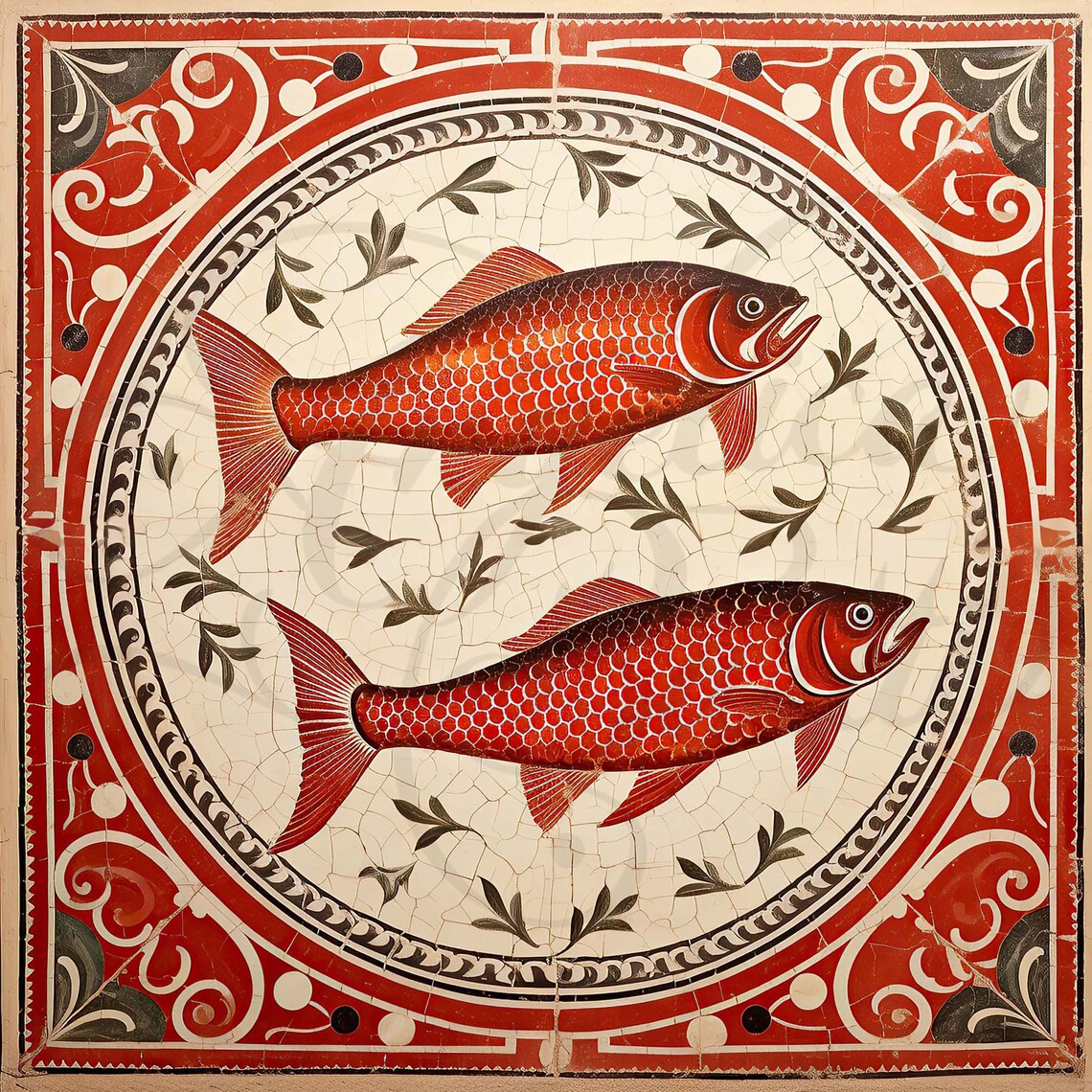 Fish Red Green Tile Digital Download Vintage Mosaic Antique Classic ...