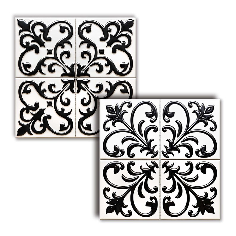 Victorian Style Ceramic Tile Print, Black and White Glossy Design ...