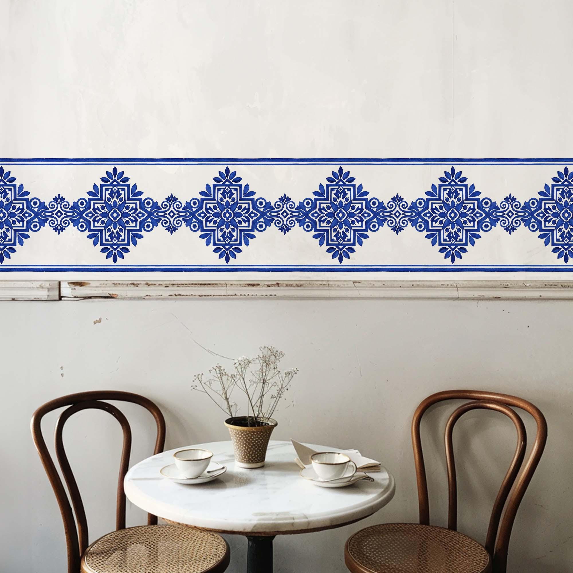 Blue and White Tile Borders, Seamless Watercolor Floral Geometric ...