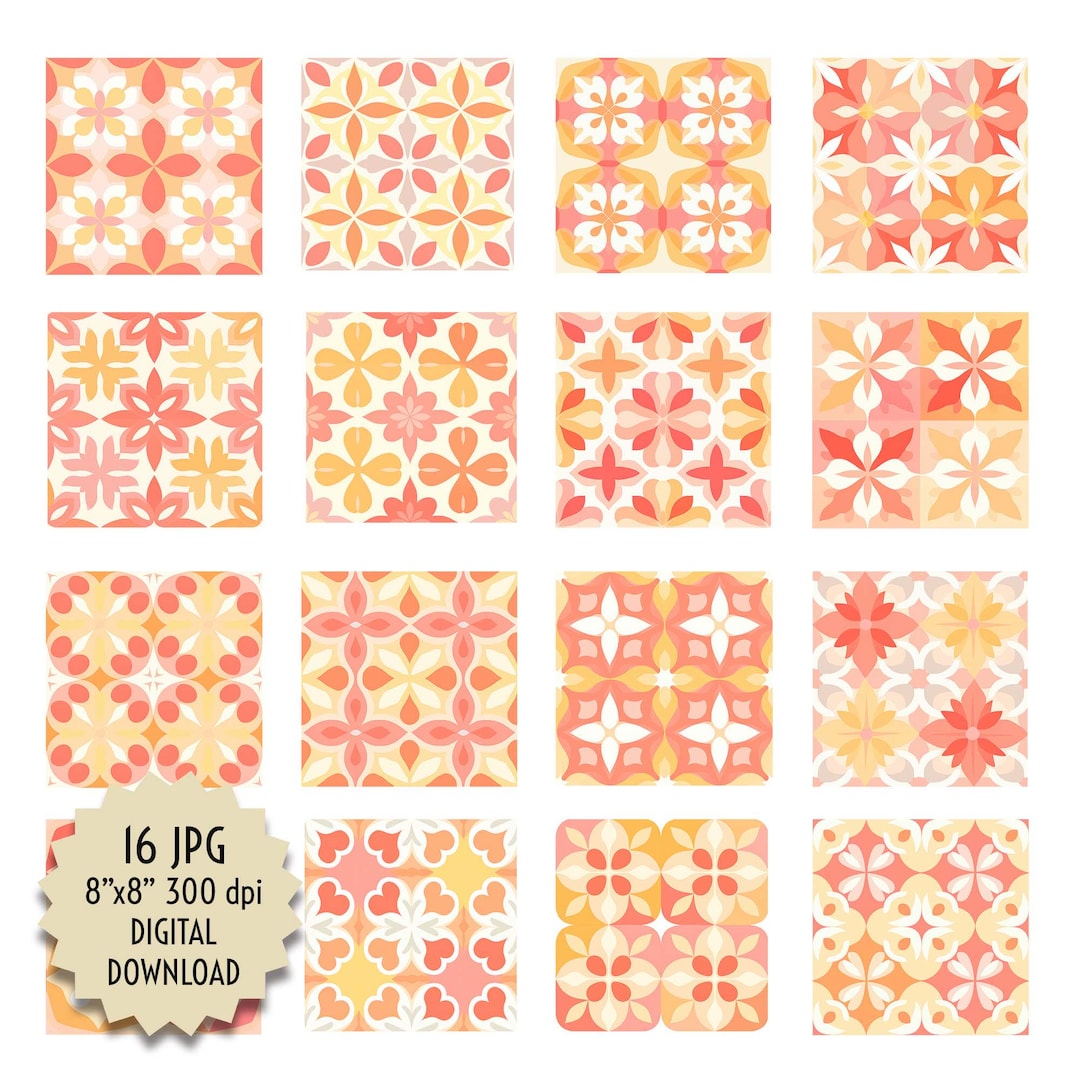 Seamless Pastel Pink Red Orange Tiles, Retro Mid-century, Warm and ...