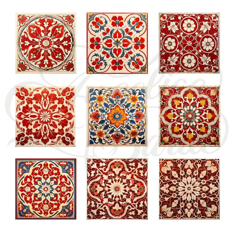 Vintage Red Tile Clipart: Set of 9 Spanish-style Tiles, Decoration, and ...