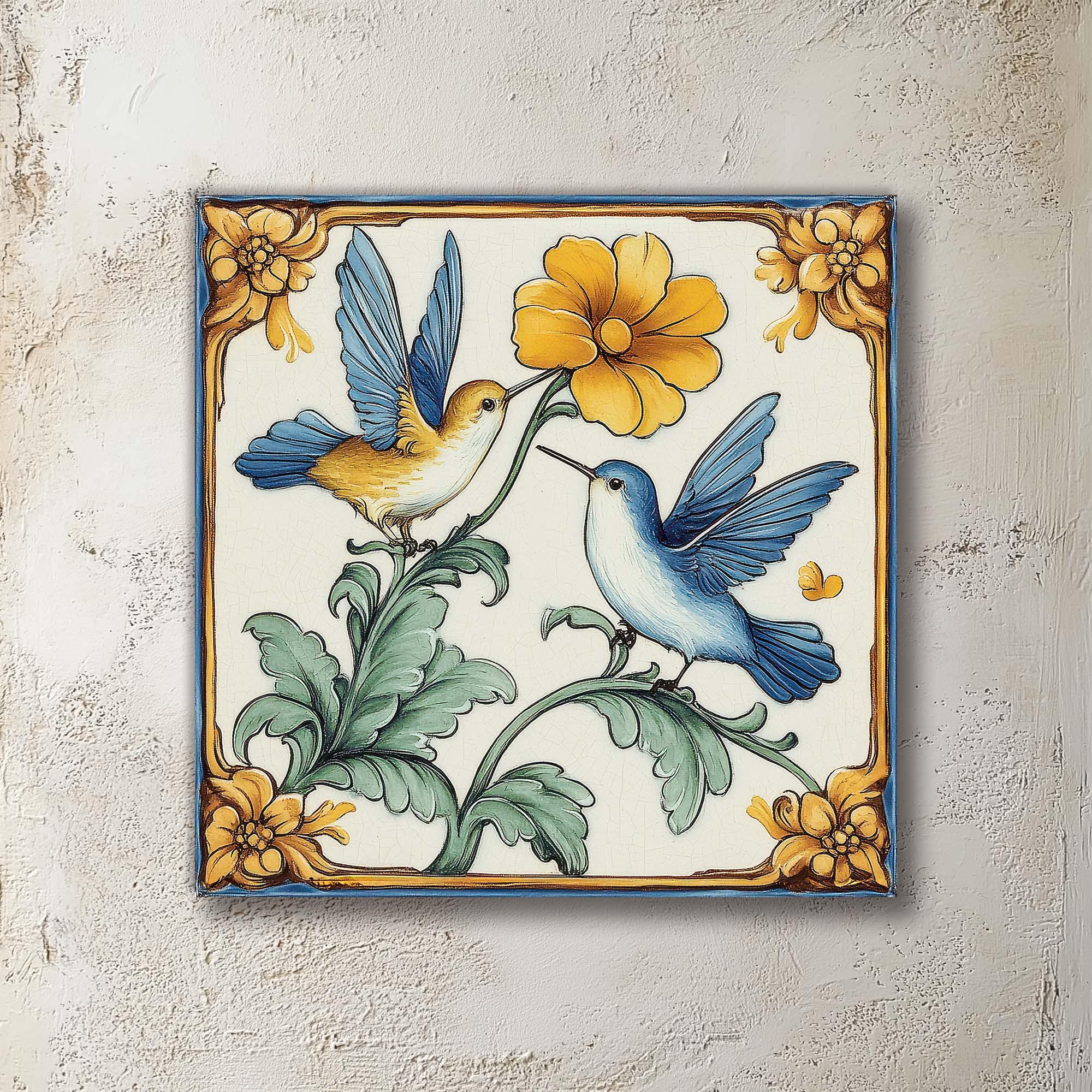 Blue Birds Tiles, Hummingbirds, Yellow Flowers, Antique Classic Vintage ...