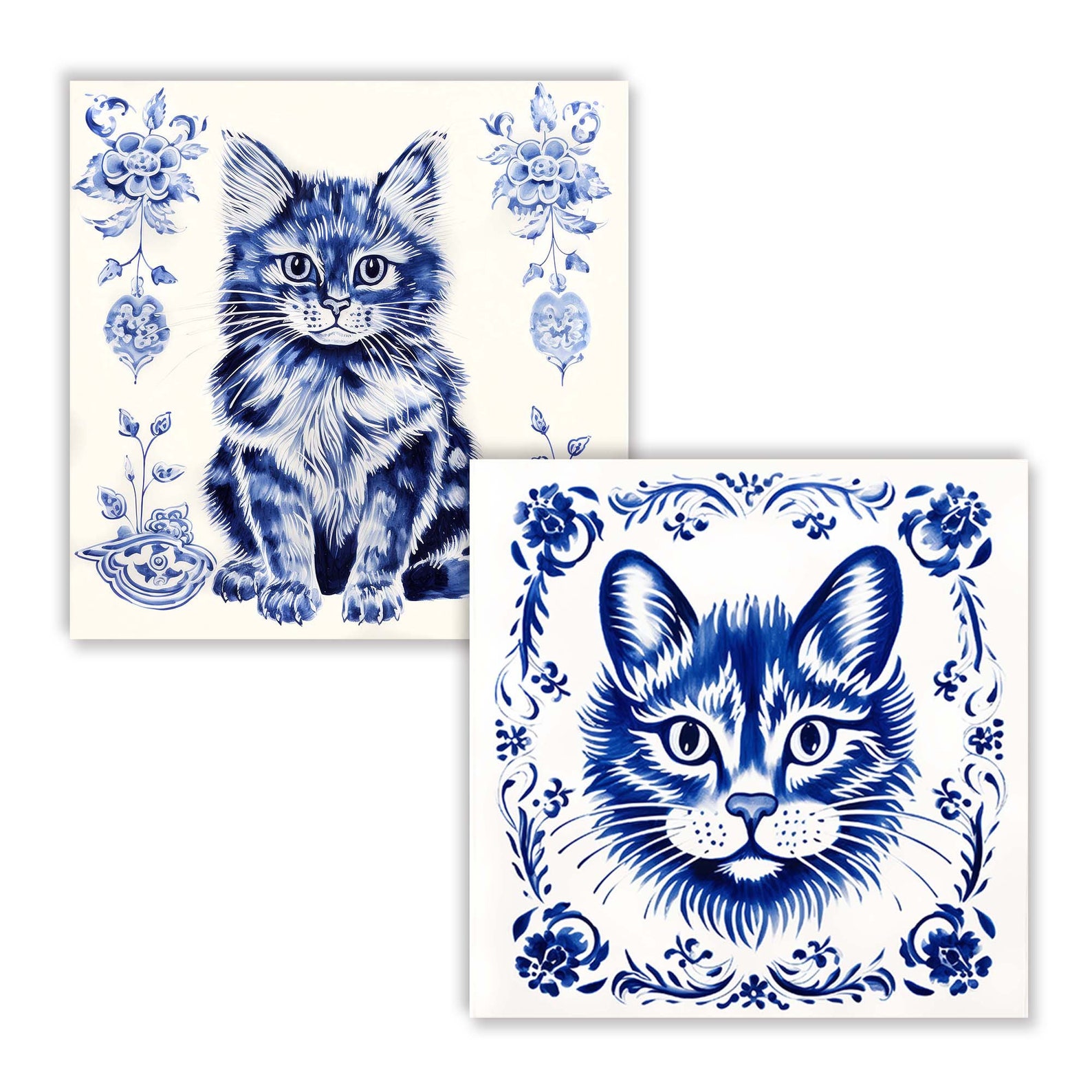 26 Antique Cat Tiles Blue and White Hand-painted Porcelain Decor ...
