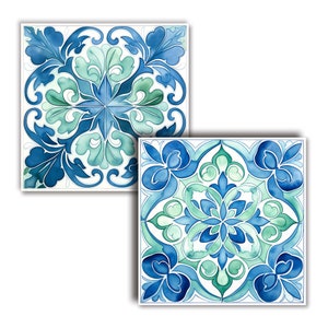 Blue and Green Tile Floral Pattern Watercolor Square Mosaic ...
