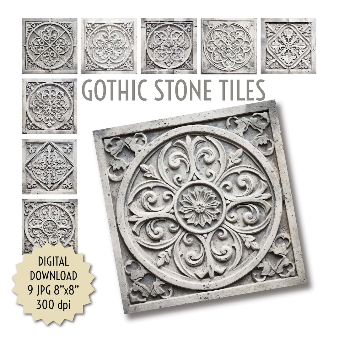 Ancient Medieval Gothic-style Carved Stone Tile With Symmetrical Floral ...