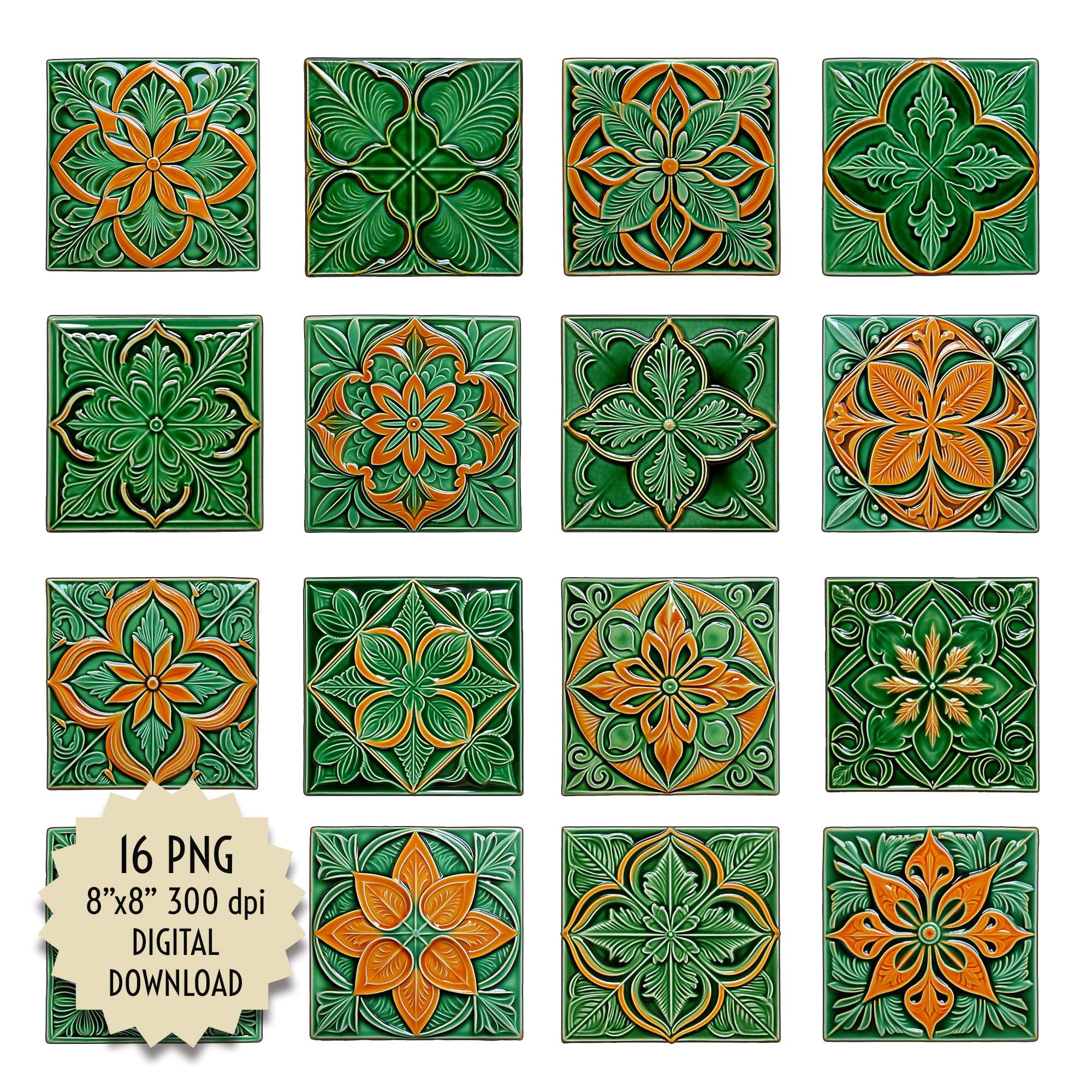 3d Relief Tiles Emerald Green Orange Ceramic Realistic PNG 8 X 8 ...
