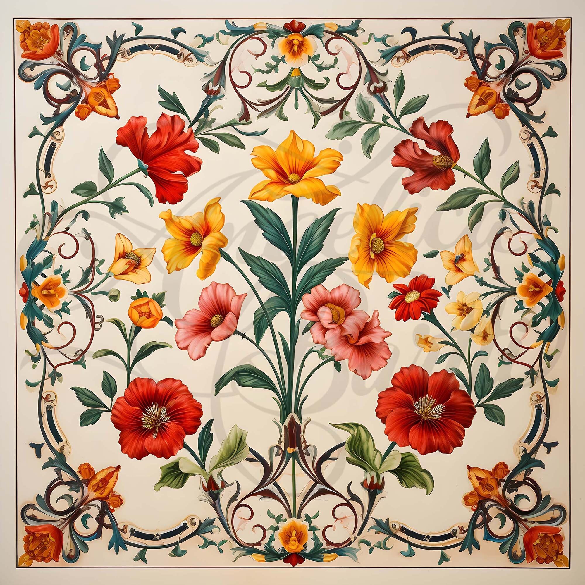 Floral Antique Classic Tile Printable Digital Download File 8x8 Inch ...