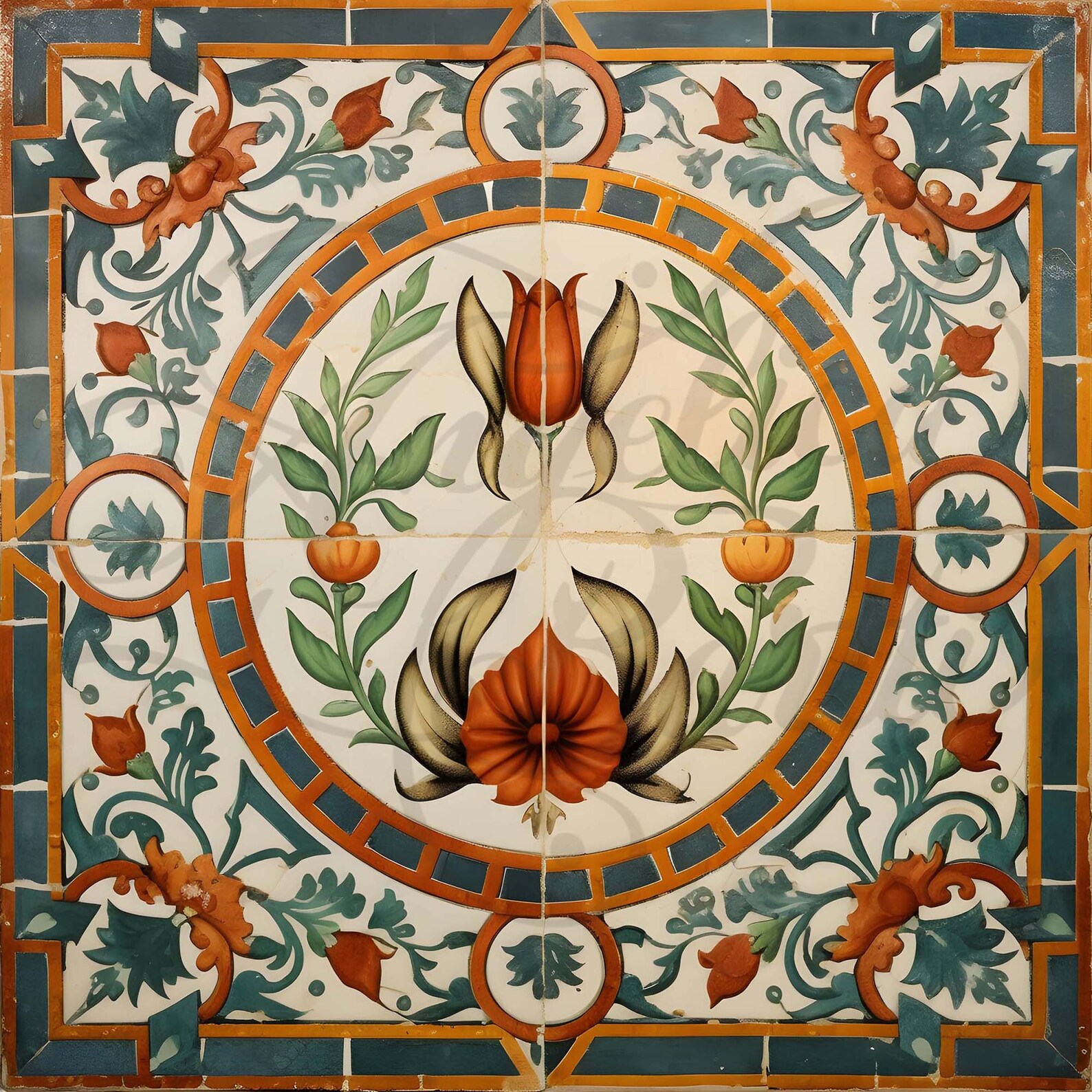 Geometric Floral Ornament Ancient Tile Red Green Brown Beige Mosaic ...
