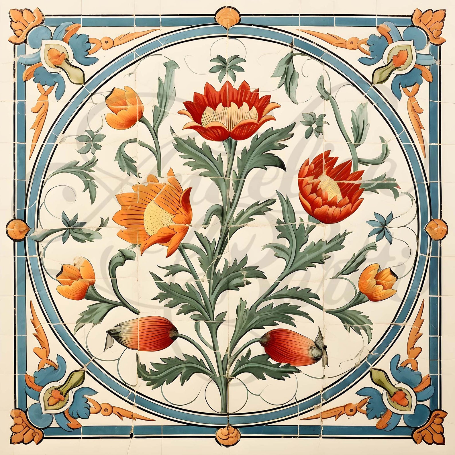 Floral Antique Classic Tile Printable Digital Download File 8x8 Inch ...