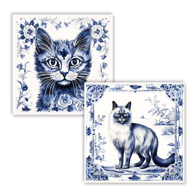 26 Antique Cat Tiles Blue and White Hand-painted Porcelain Decor ...