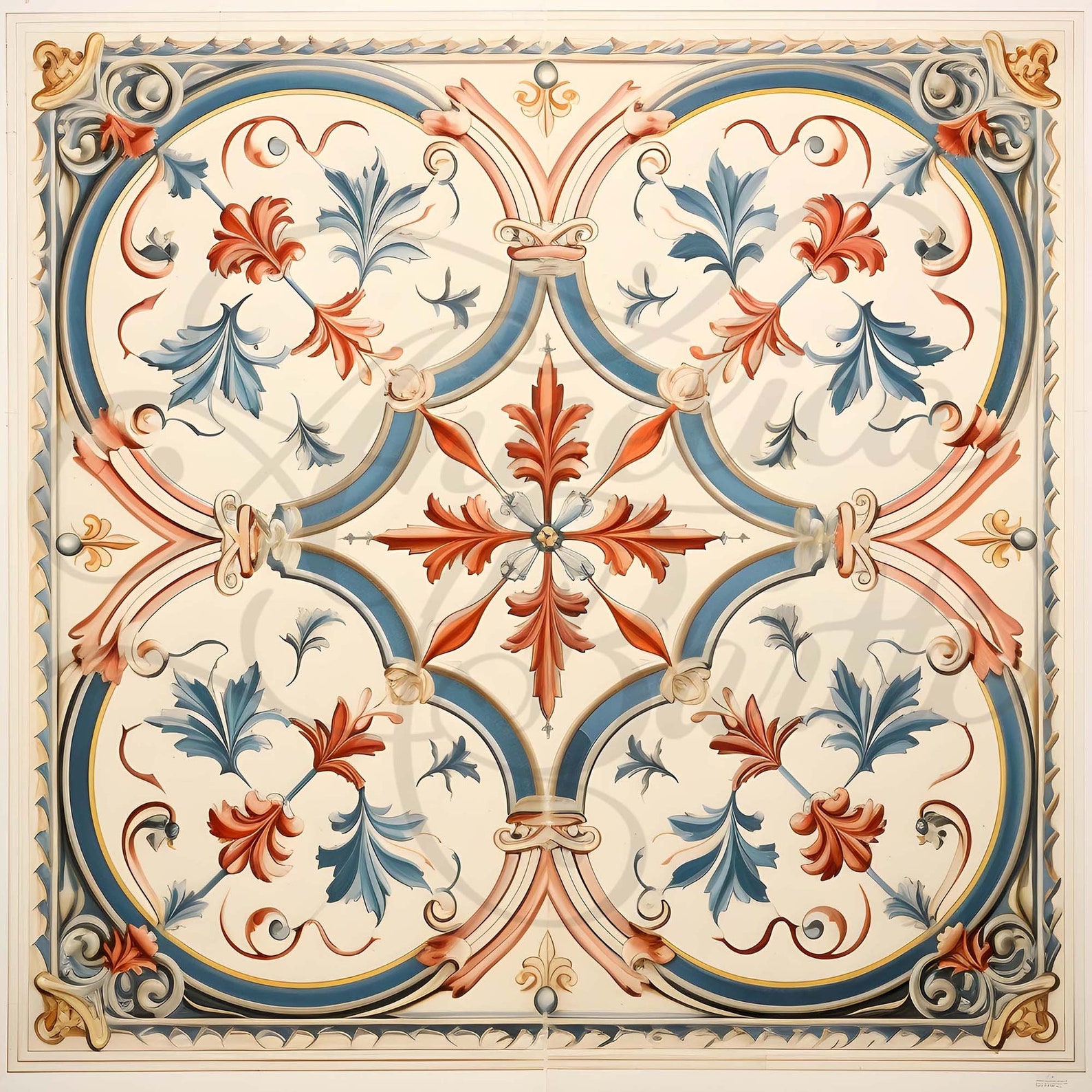 Geometric Floral Ornament Ancient Tile Red Green Brown Beige Mosaic ...