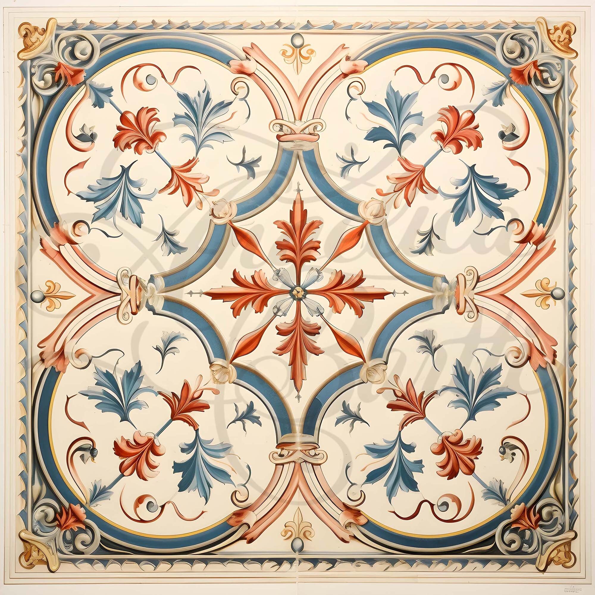 Geometric Floral Ornament Ancient Tile Red Green Brown Beige Mosaic ...