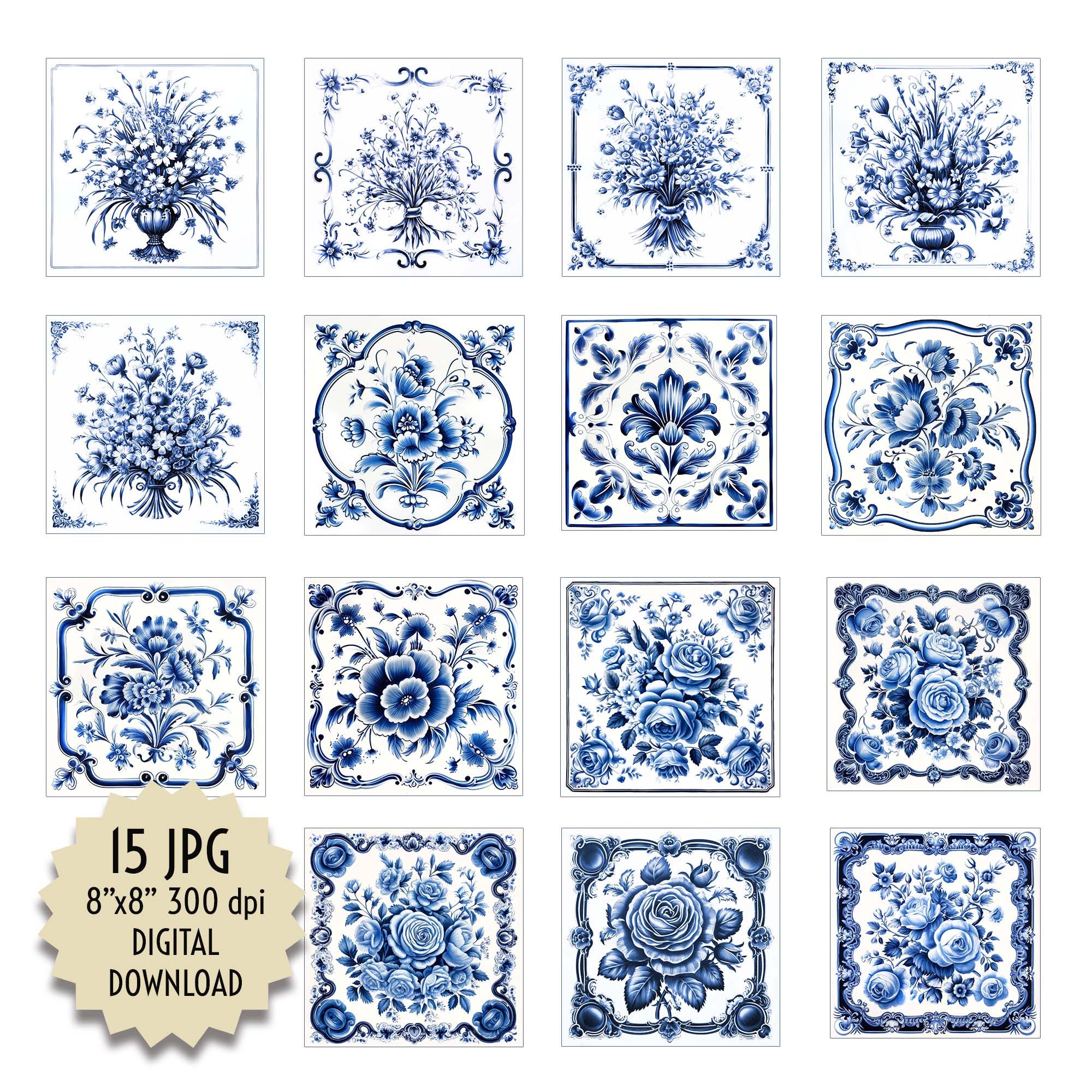 15 Antique Blue and White Porcelain Flower Rose Tiles Decor Wall ...
