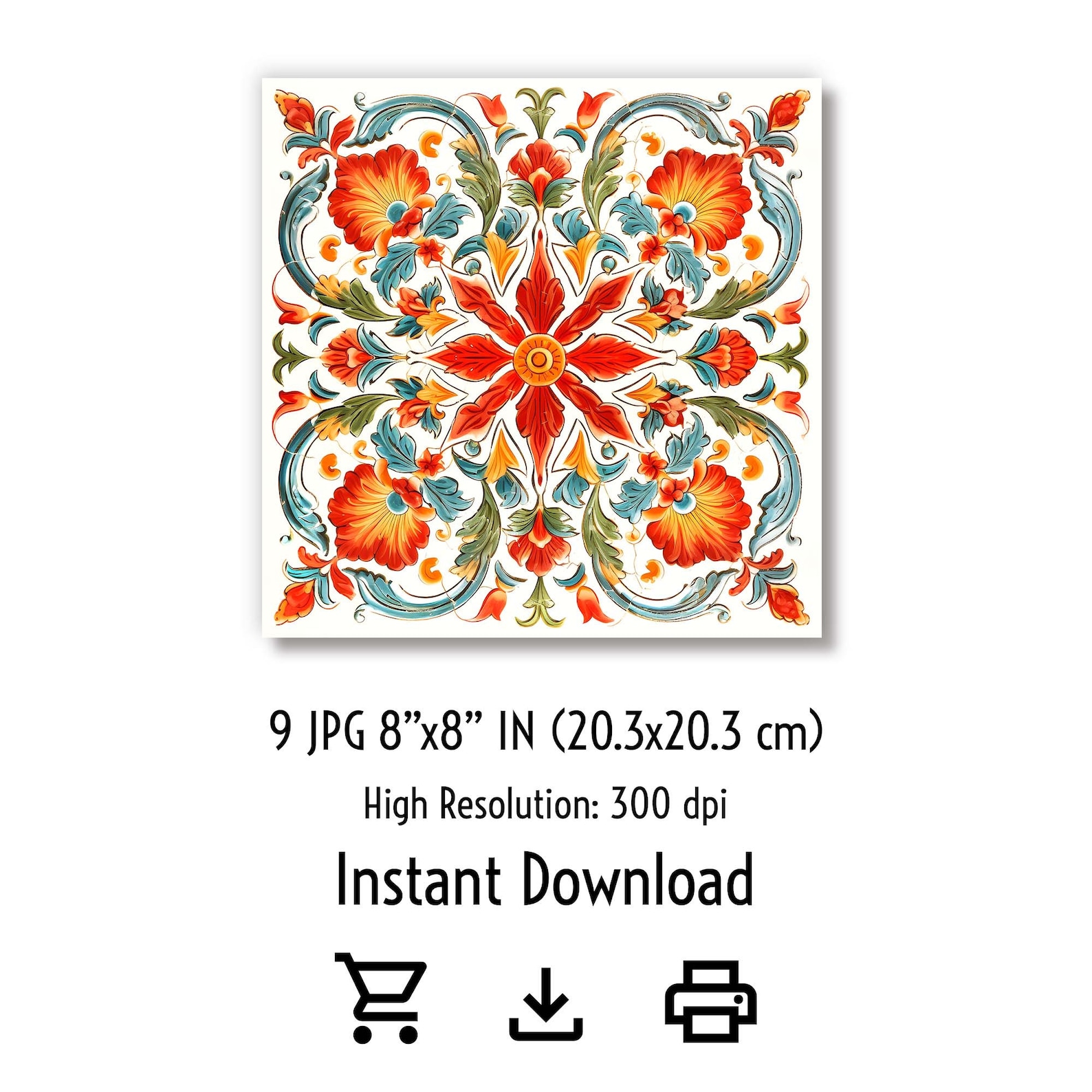 Red Orange Flowers Antique Spanish-style Geometric Tiles Decorative ...