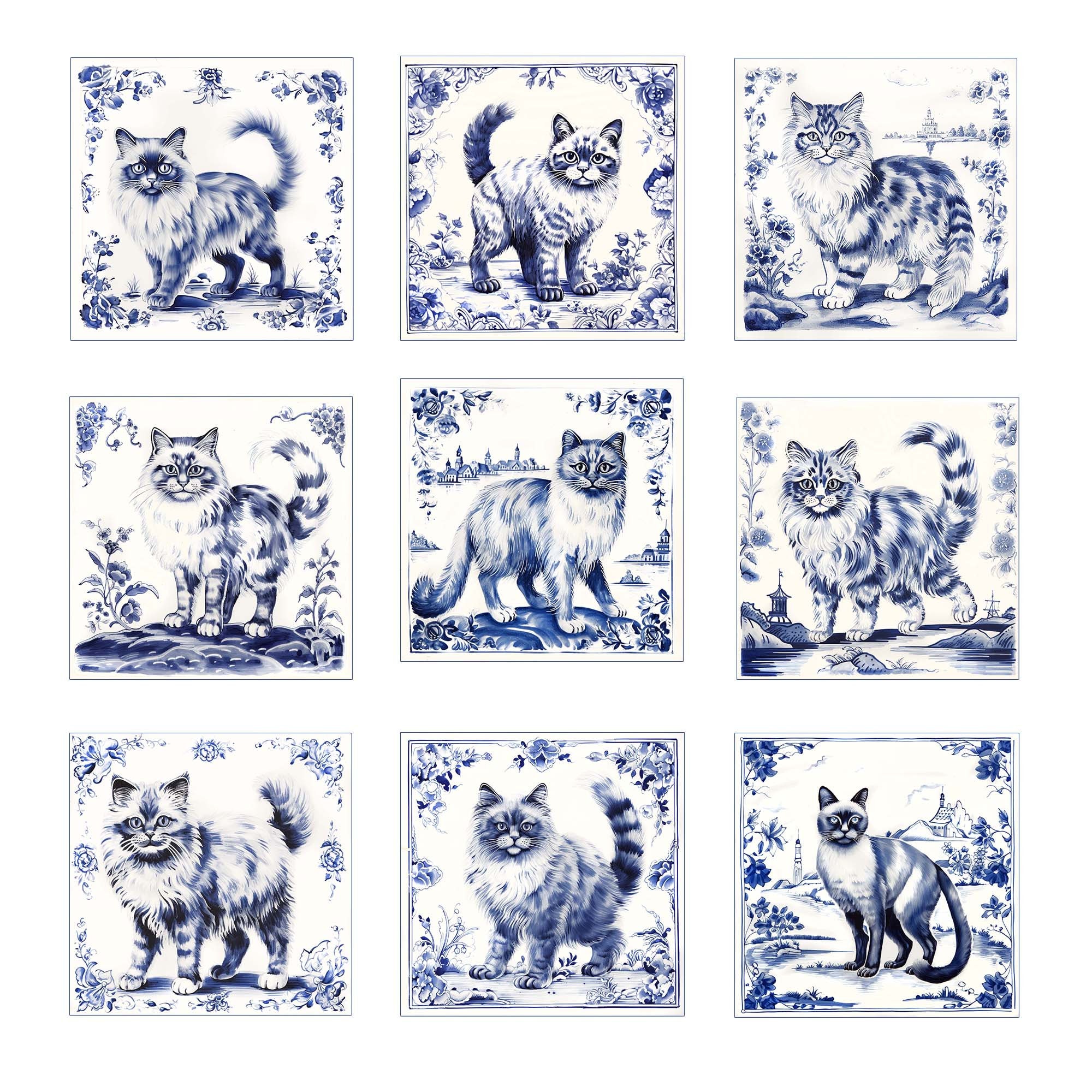 26 Antique Cat Tiles Blue and White Hand-painted Porcelain Decor ...