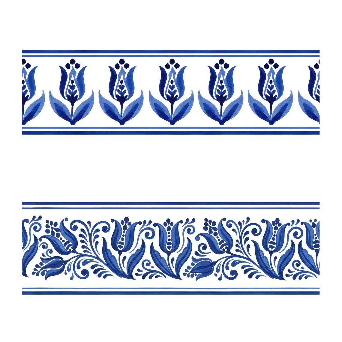 Blue and White Tulip Borders, Seamless Watercolor Floral Pattern, High ...