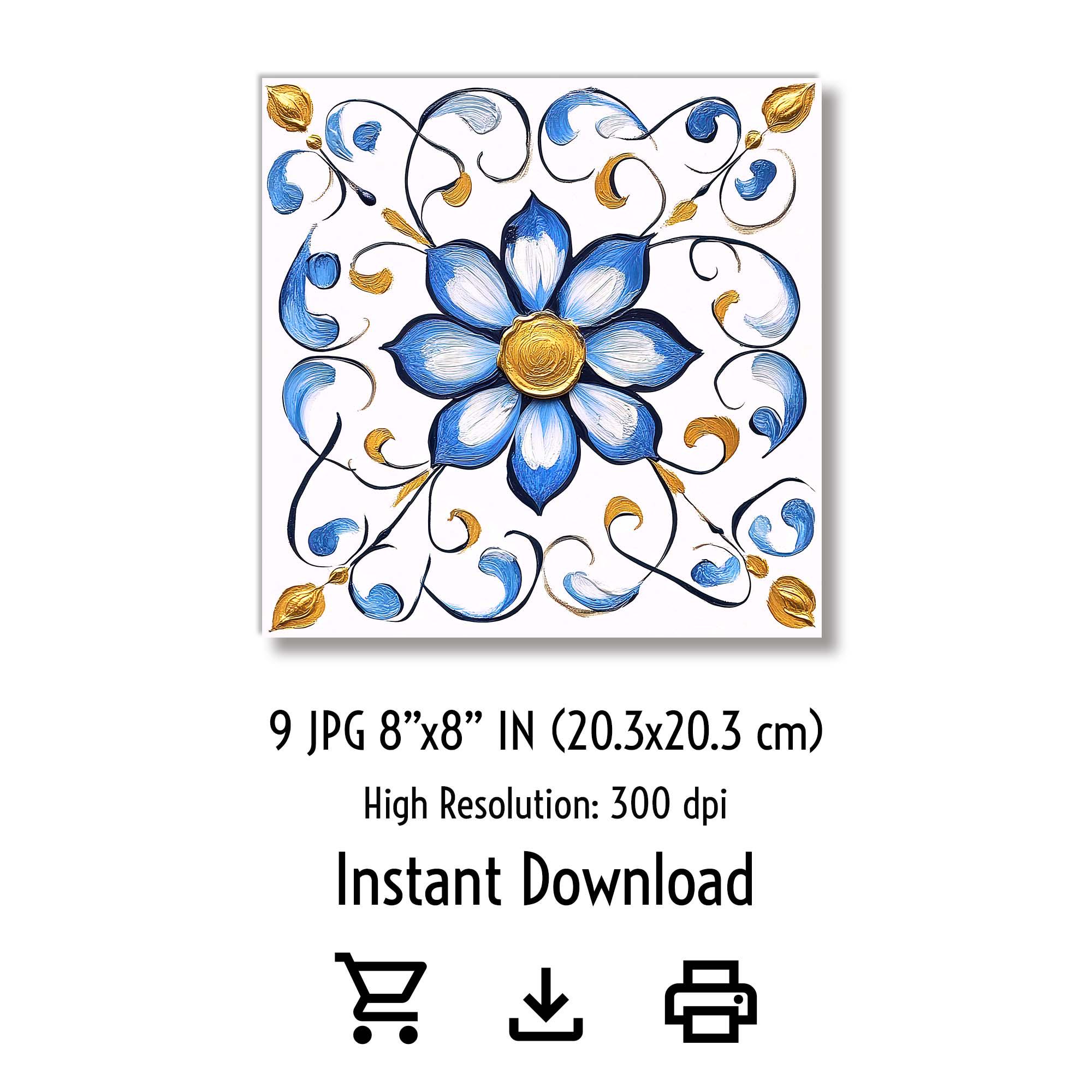 Blue Tile Set, Vintage White Golden Mosaic Patterns, Floral Ceramic Clipart, Printable Italy ...