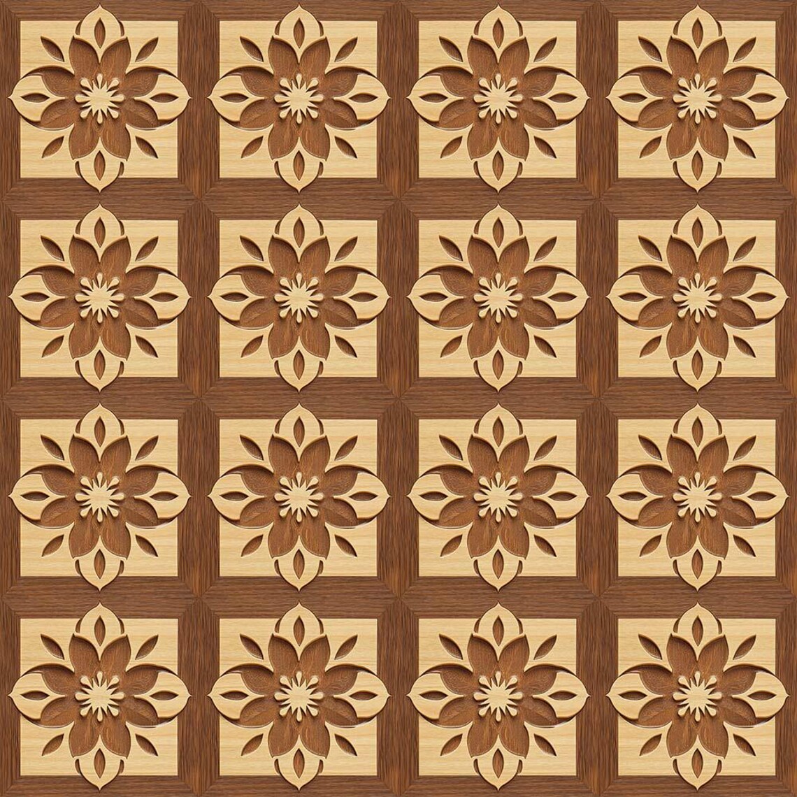 Floral Wood Carving Pattern Set, Square Seamless Design, Natural Wood ...