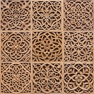Carved Wood Tiles Arabesque Floral Pattern Design Moroccan Style Brown ...