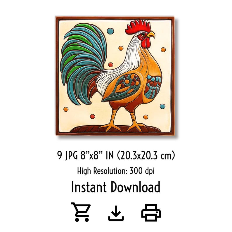 Farmhouse Rooster Tile, Rustic Folk Style, Vibrant Colors, Digital ...