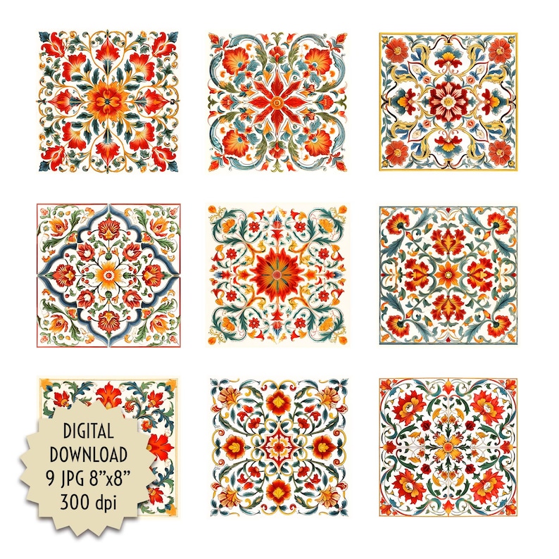 Red Orange Flowers Antique Spanish-style Geometric Tiles Decorative ...
