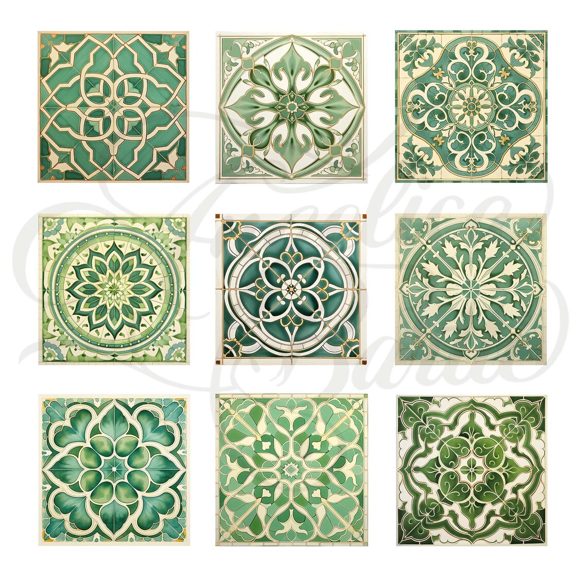 9 Vintage Green Tiles Clipart. SVG, JPG. Spanish-style Tiles ...