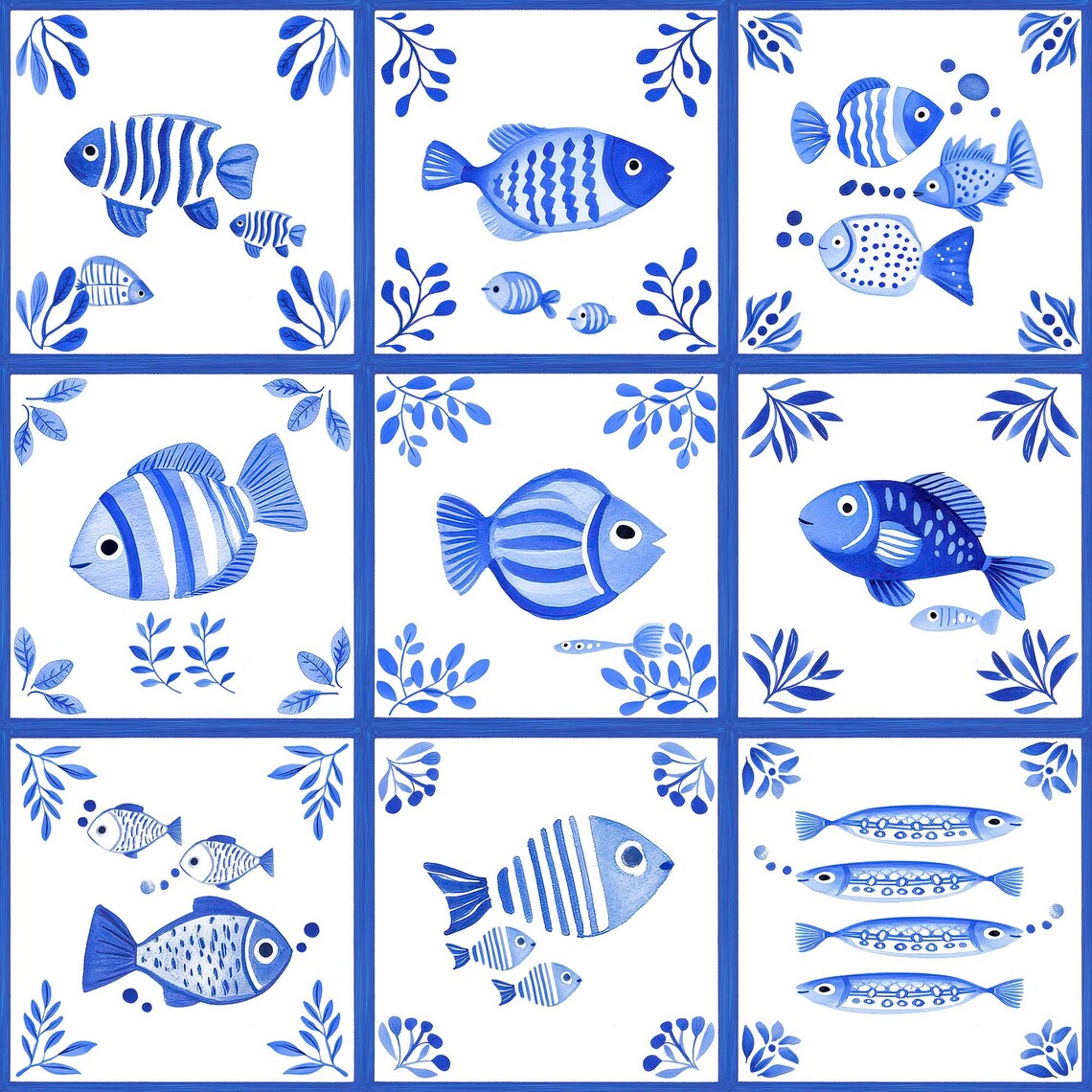 Blue Fish Tile Set, Nautical Marine Patterns, Cute Digital Mosaic Art ...