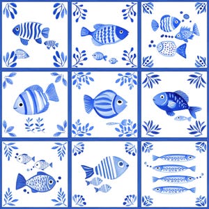 Blue Fish Tile Set, Nautical Marine Patterns, Cute Digital Mosaic Art ...