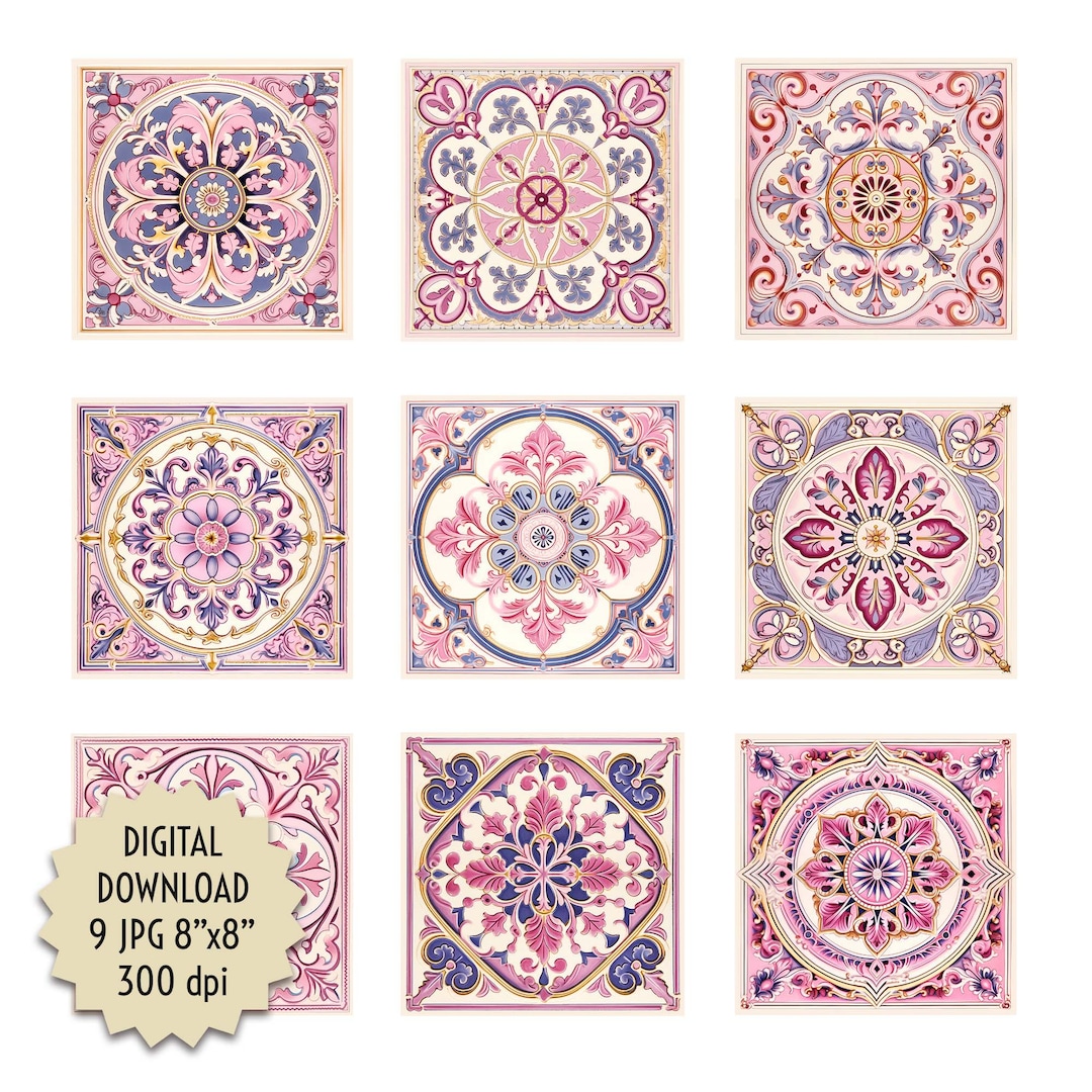 Pink Vintage Antique Spanish-style Geometric Floral Tiles Decorative ...