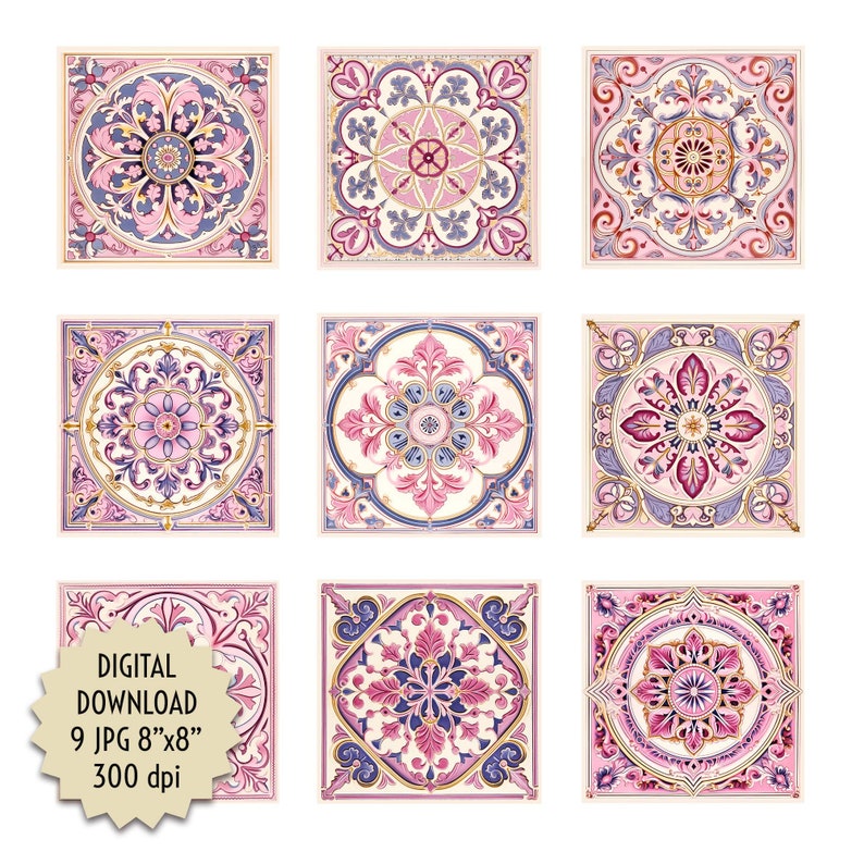 Pink Vintage Antique Spanish-style Geometric Floral Tiles Decorative ...