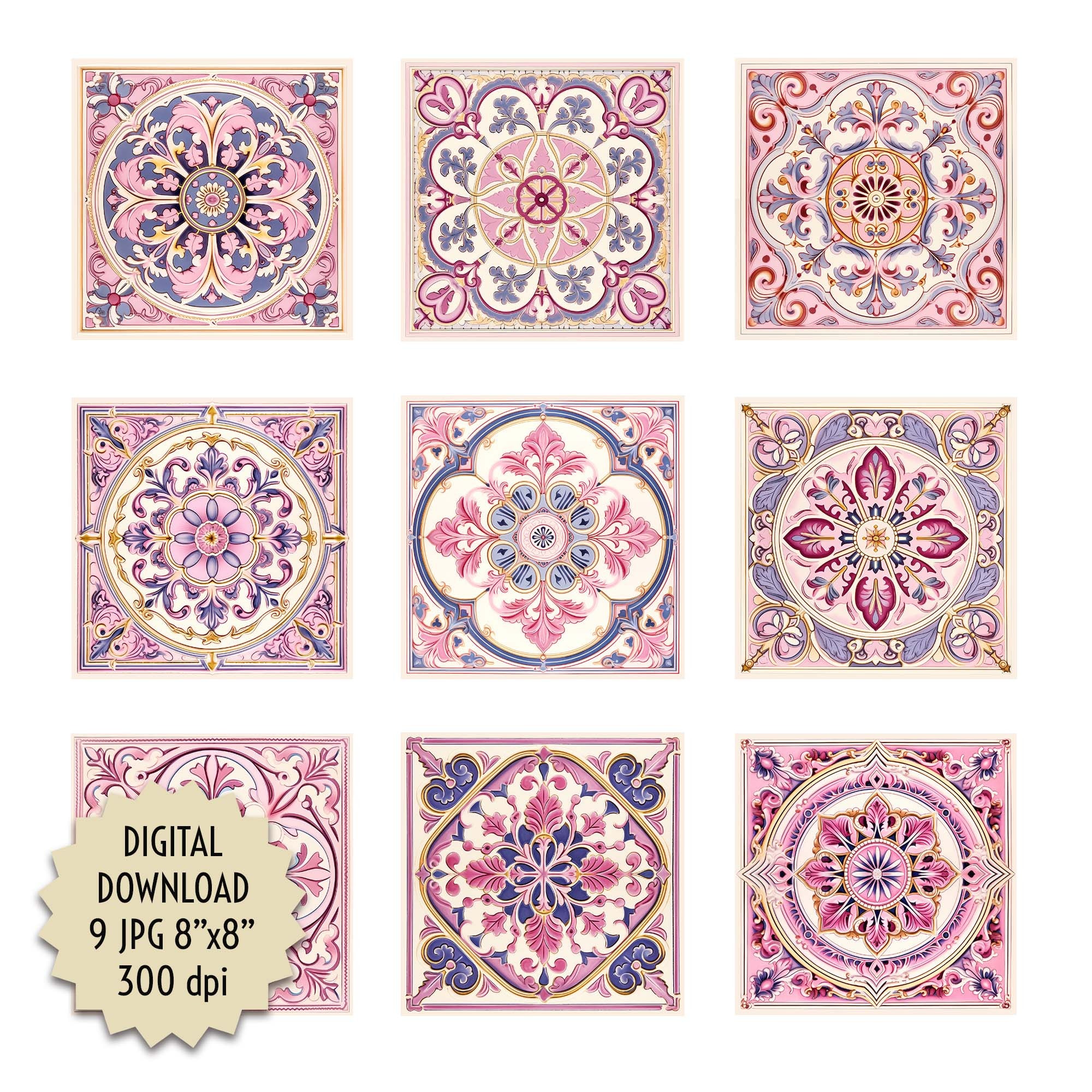Pink Vintage Antique Spanish-style Geometric Floral Tiles Decorative ...
