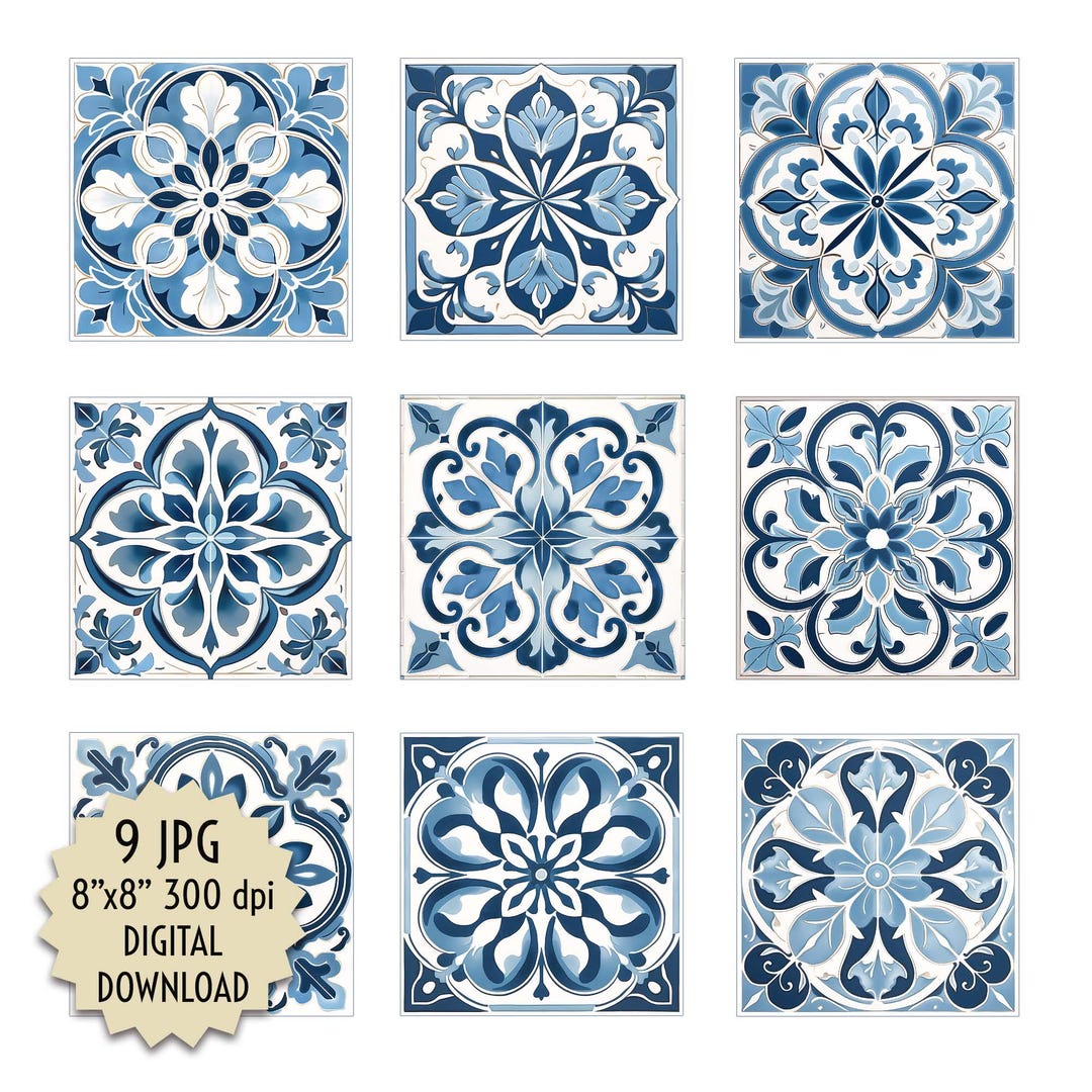 Blue Tiles, Mediterranean Spanish Style, White Background Floral Square ...
