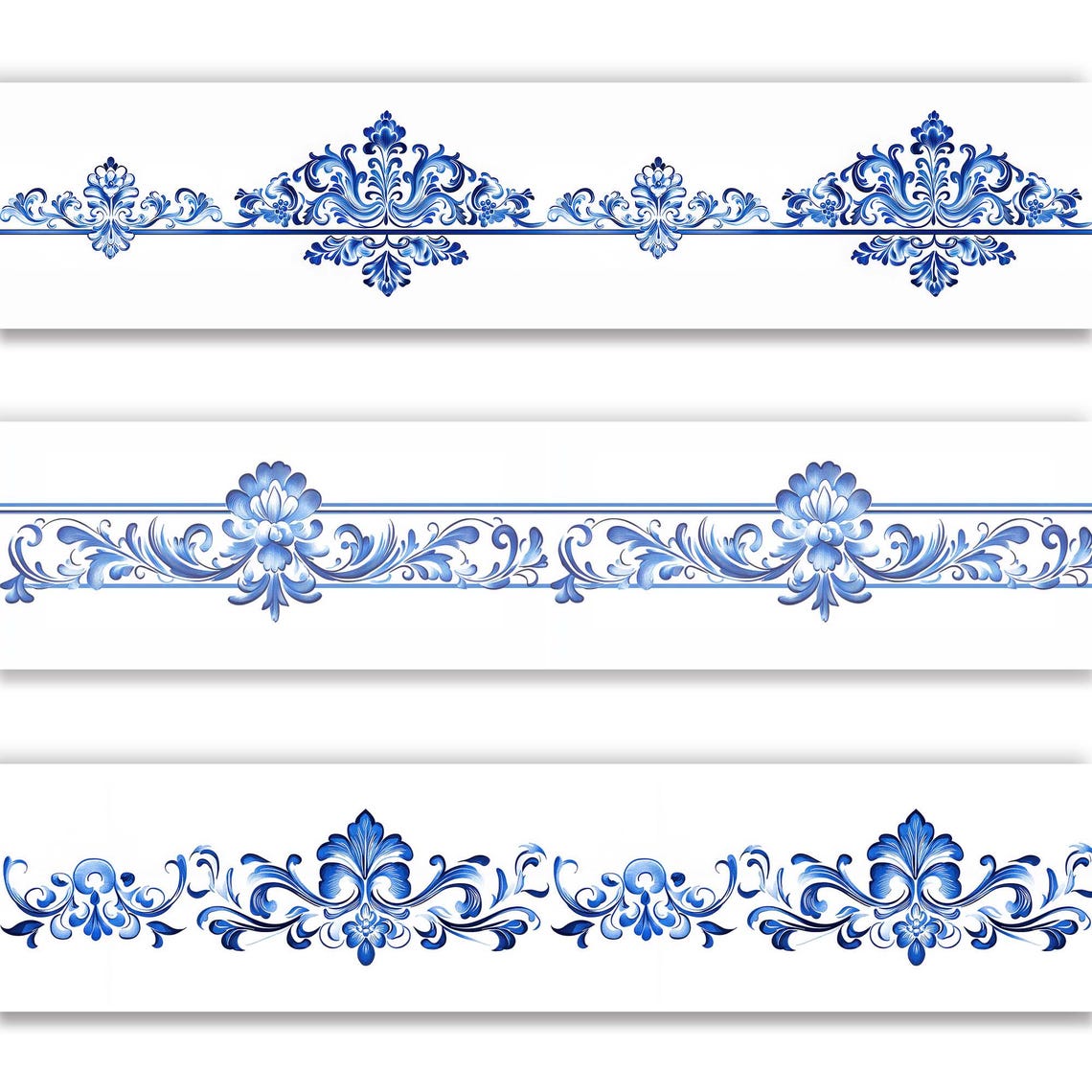 Blue Floral Border, Horizontal Seamless Strips, Digital Scrollwork ...