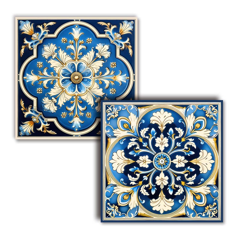 Blue Tile Mosaic, Floral Vintage Ceramic Mural Clipart, Square Sticker ...