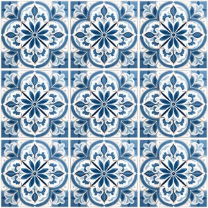 Blue Tiles, Mediterranean Spanish Style, White Background Floral Square ...