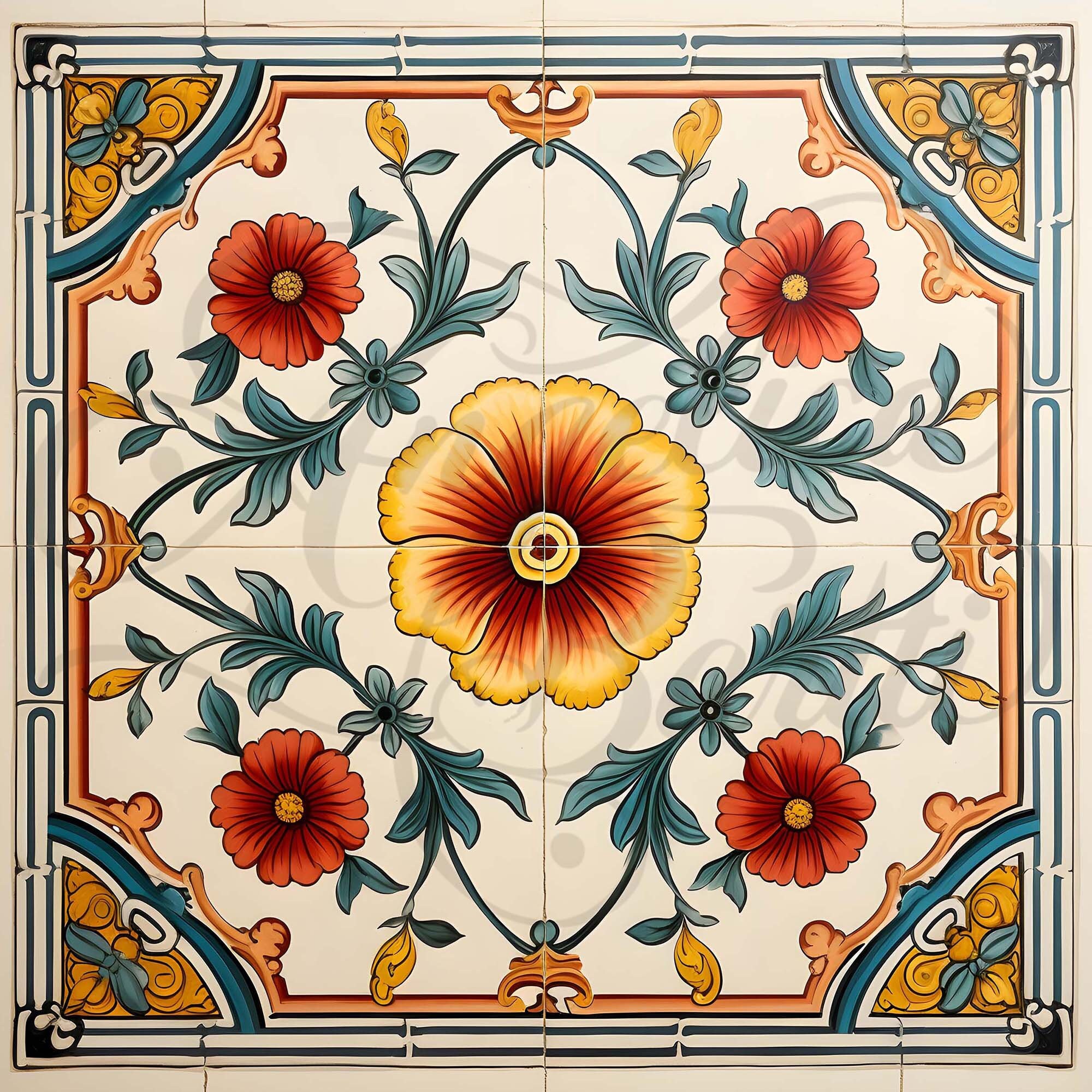 Geometric Floral Ornament Ancient Tile Red Green Brown Beige Mosaic ...