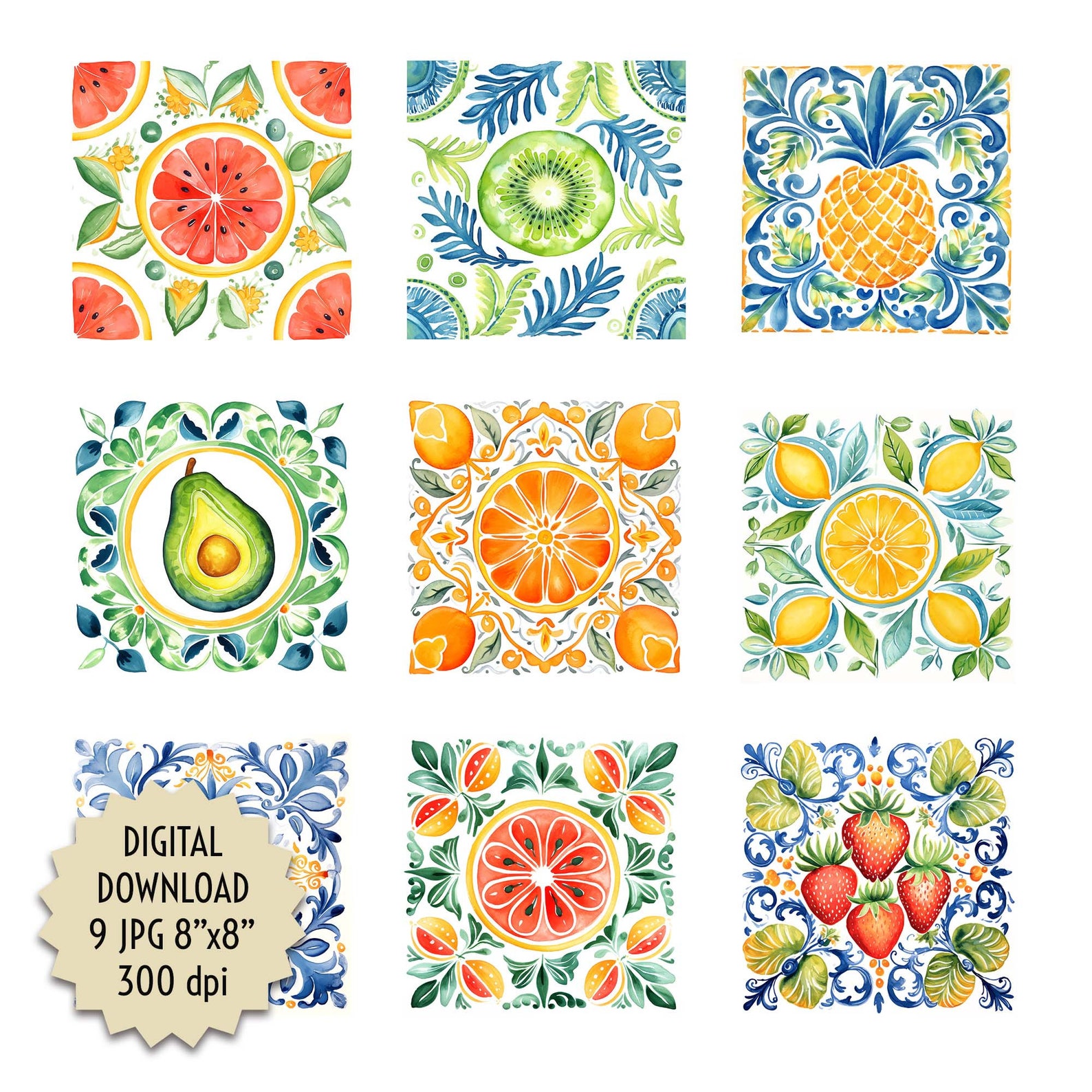 Fruit Illustration Tiles, Watercolor in Blue Green Red Orange Yellow ...