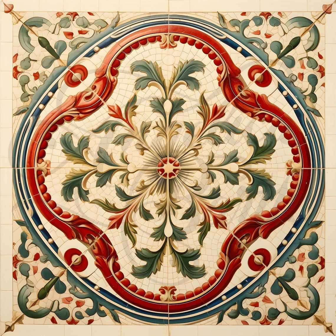 Geometric Floral Ornament Ancient Tile Red Green Brown Beige Mosaic ...