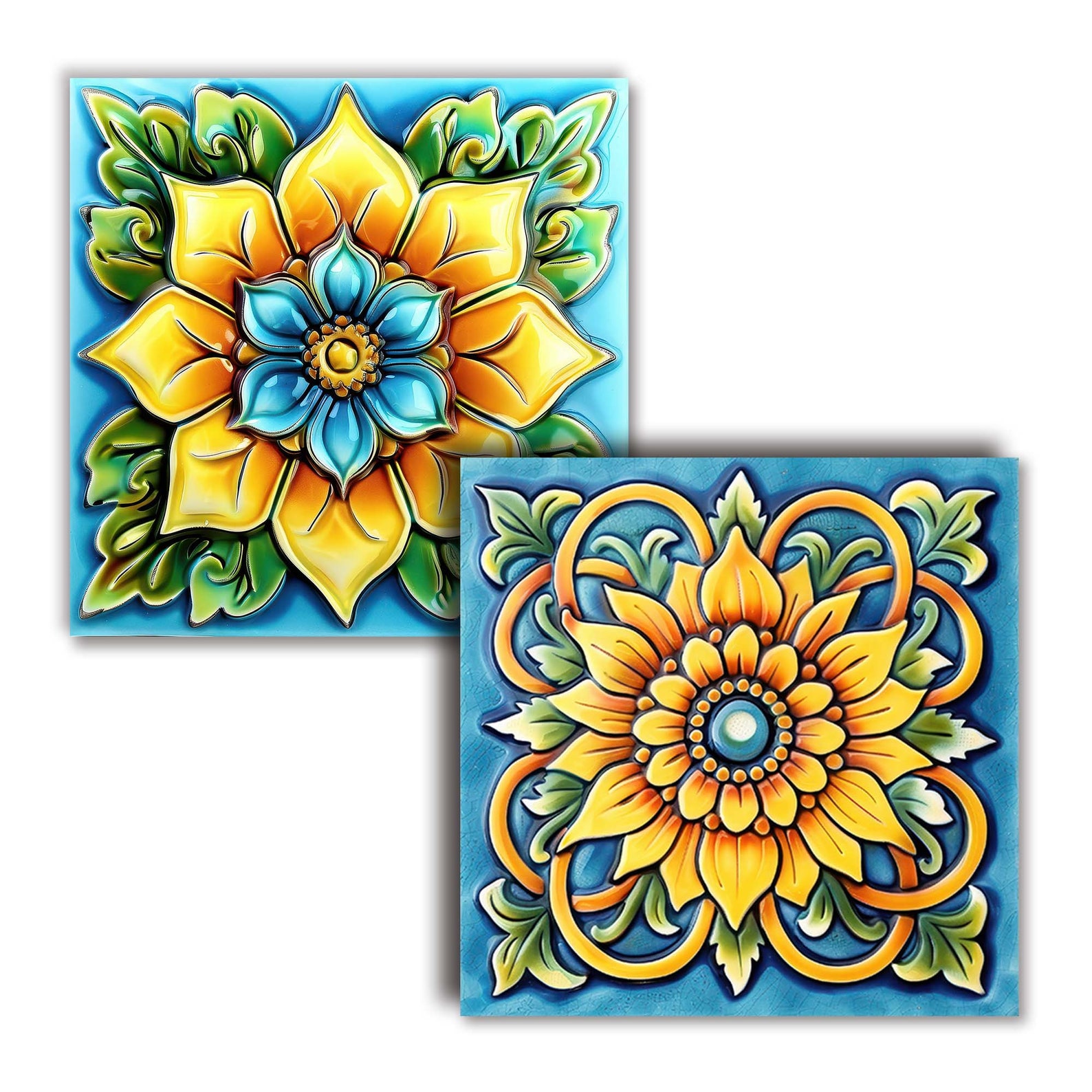 9 Glazed Ceramic Tiles, Vibrant and Bright Colors, Yellow and Green ...