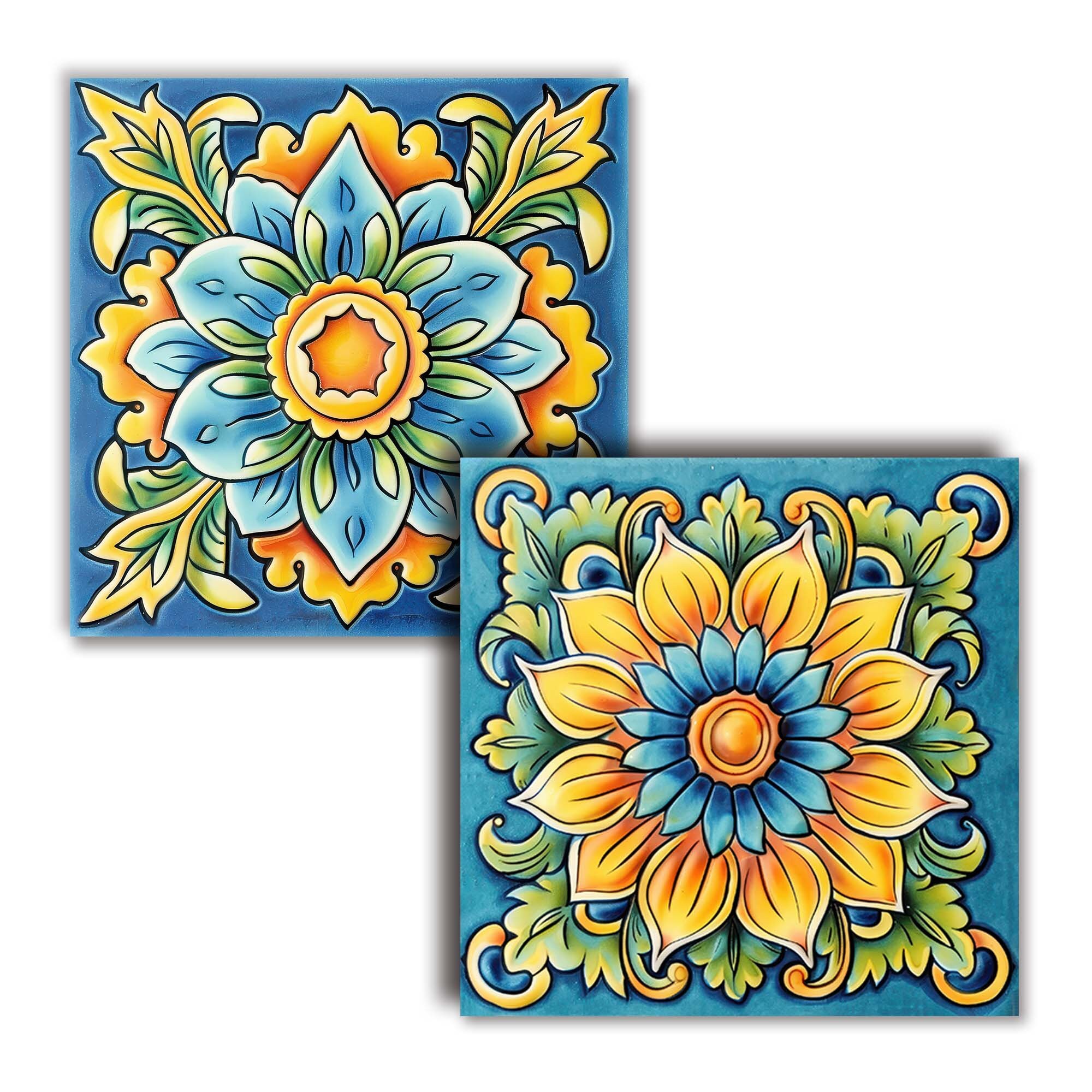 9 Glazed Ceramic Tiles, Vibrant and Bright Colors, Yellow and Green ...
